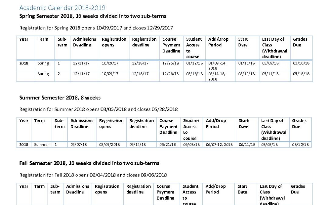 2018-2019 Academic Calendar | Servants University | Training Servants ...